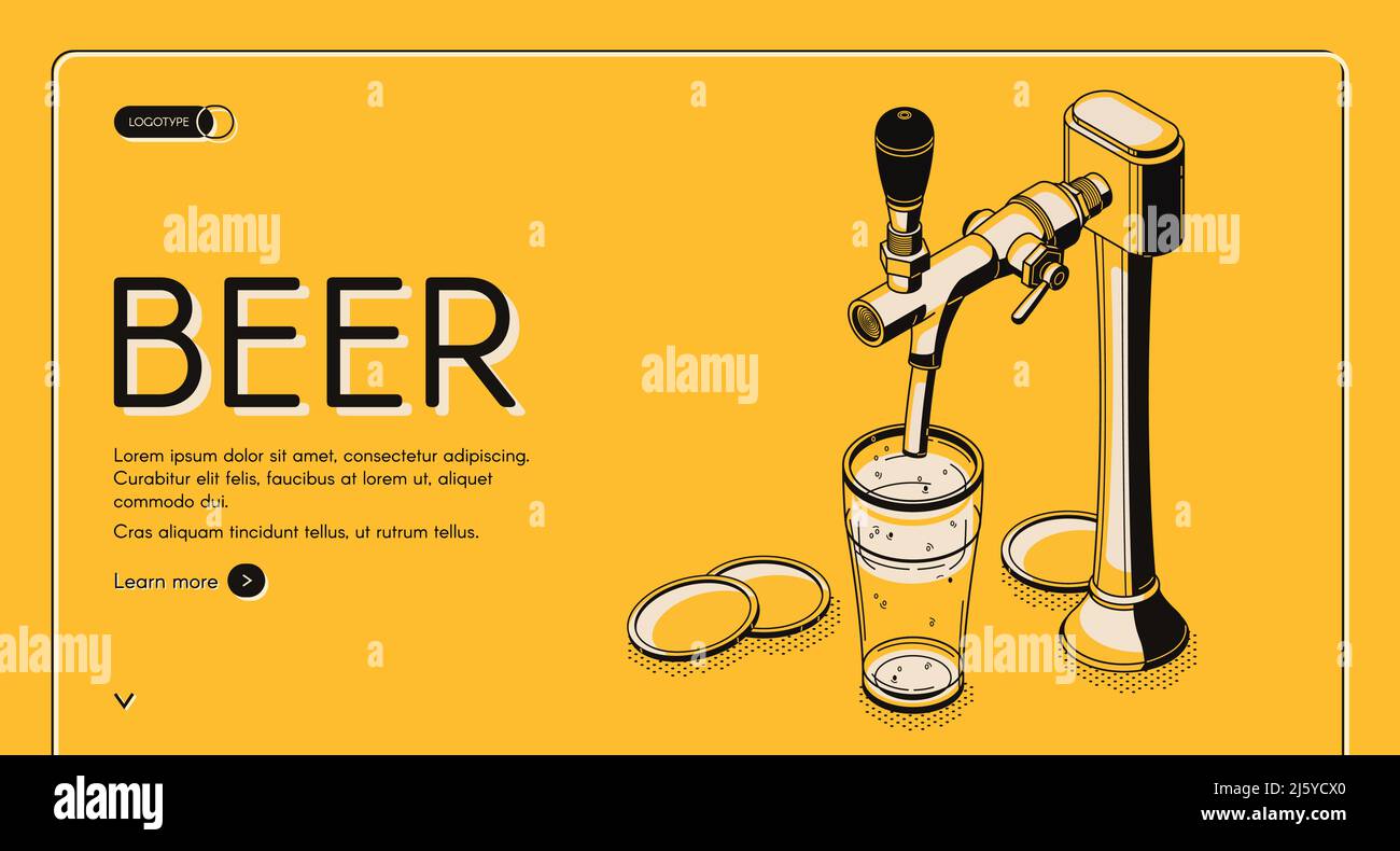 Beer tap isometric landing page, alcohol drink pouring from pub faucet ...