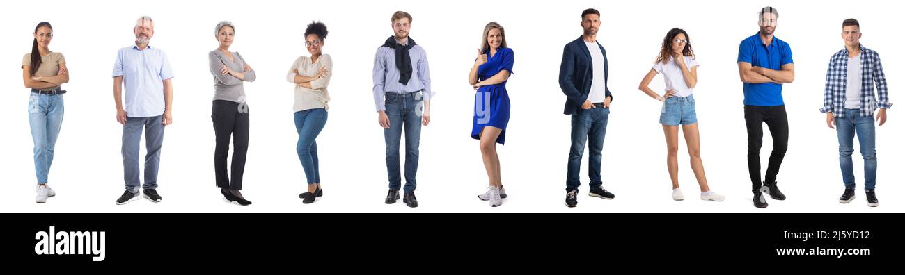 Collection set of full length portraits of people in casual wear ...