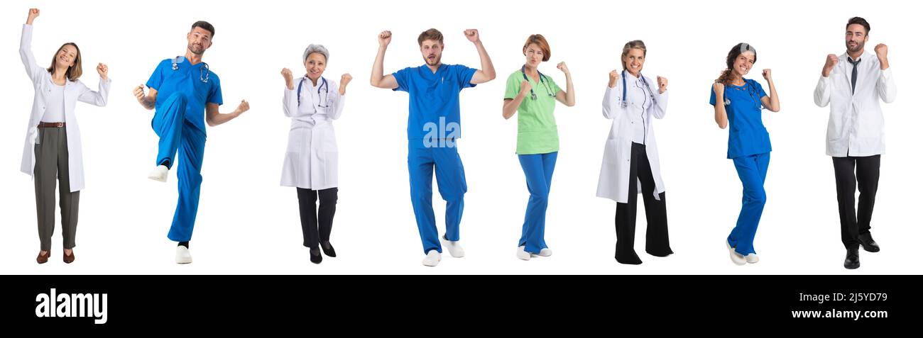 Set of full length portrait of happy medical doctors cheering with ...