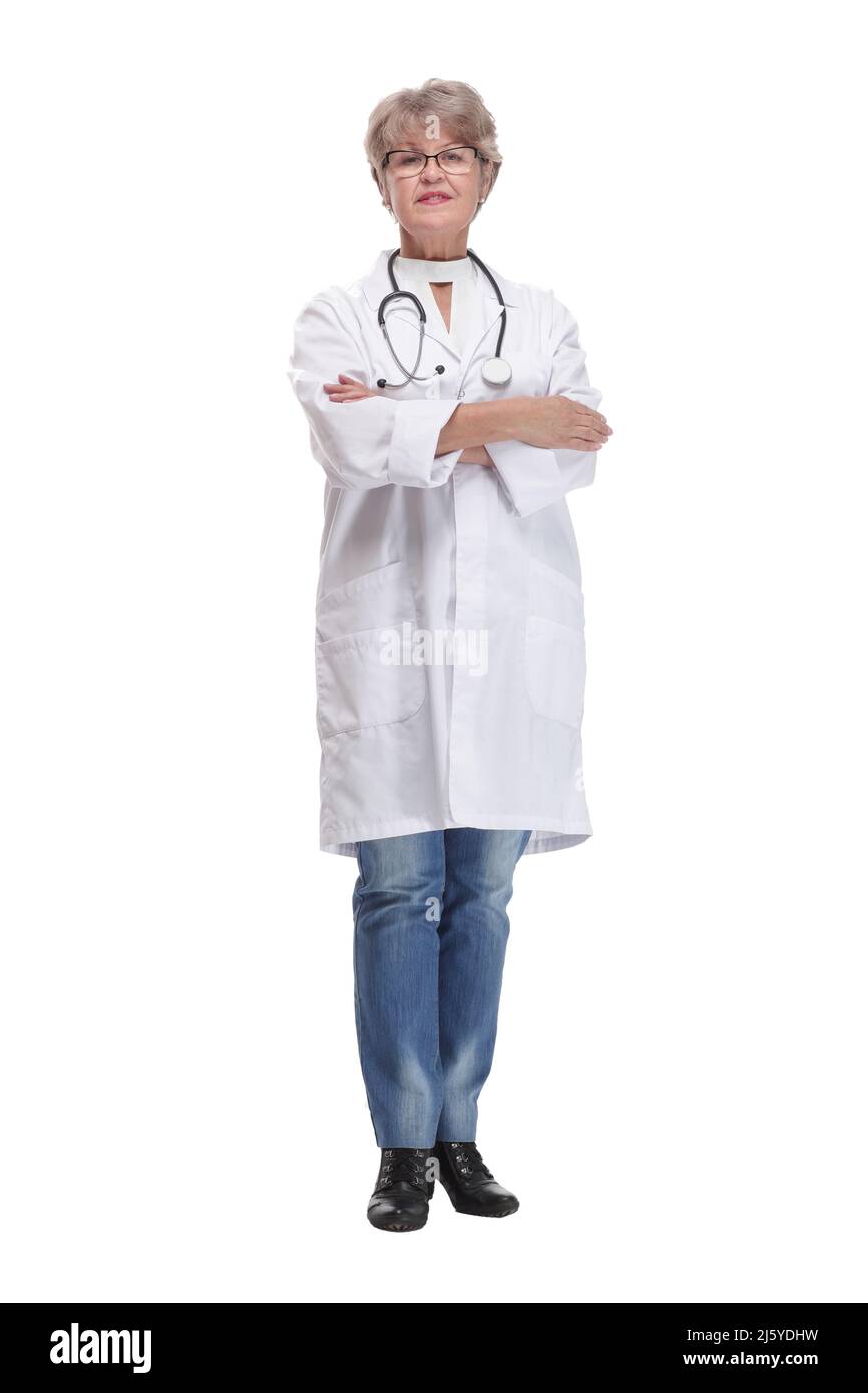 Front view of attractive happy smiling female doctor physician nurse ...