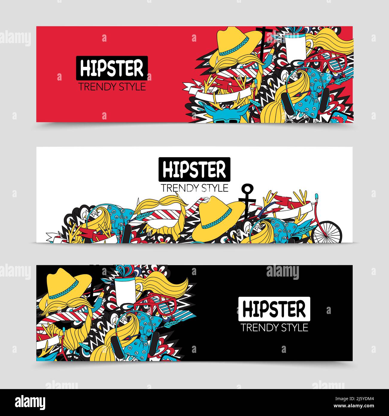 Hipster style fashion trends 3 interactive horizontal banners with ...