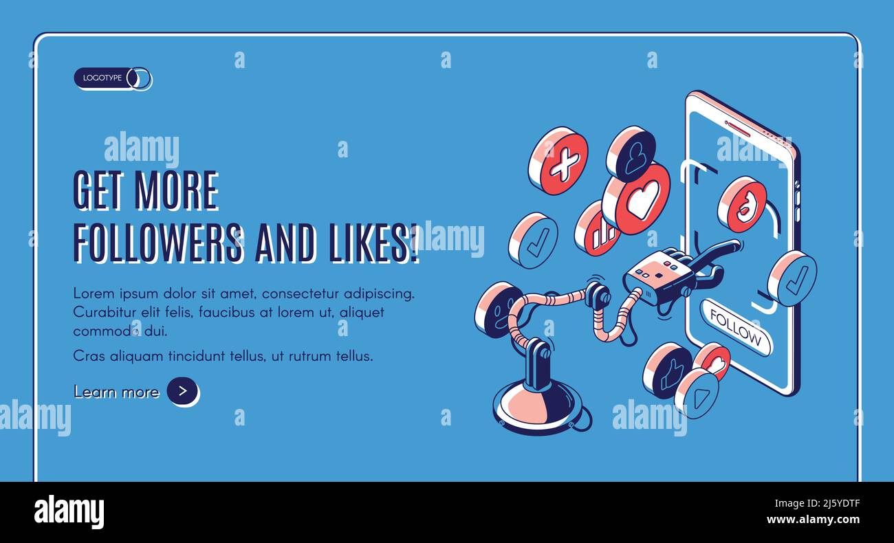 Get more followers and likes isometric landing page. Robotics hand push ...