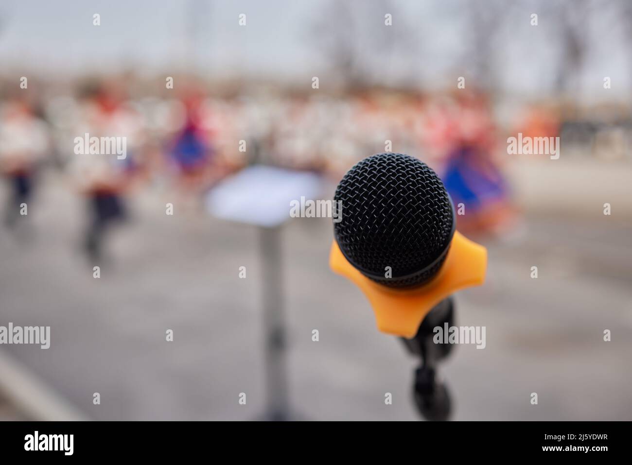 Microphone on blurred background with copy space for text or lettering ...