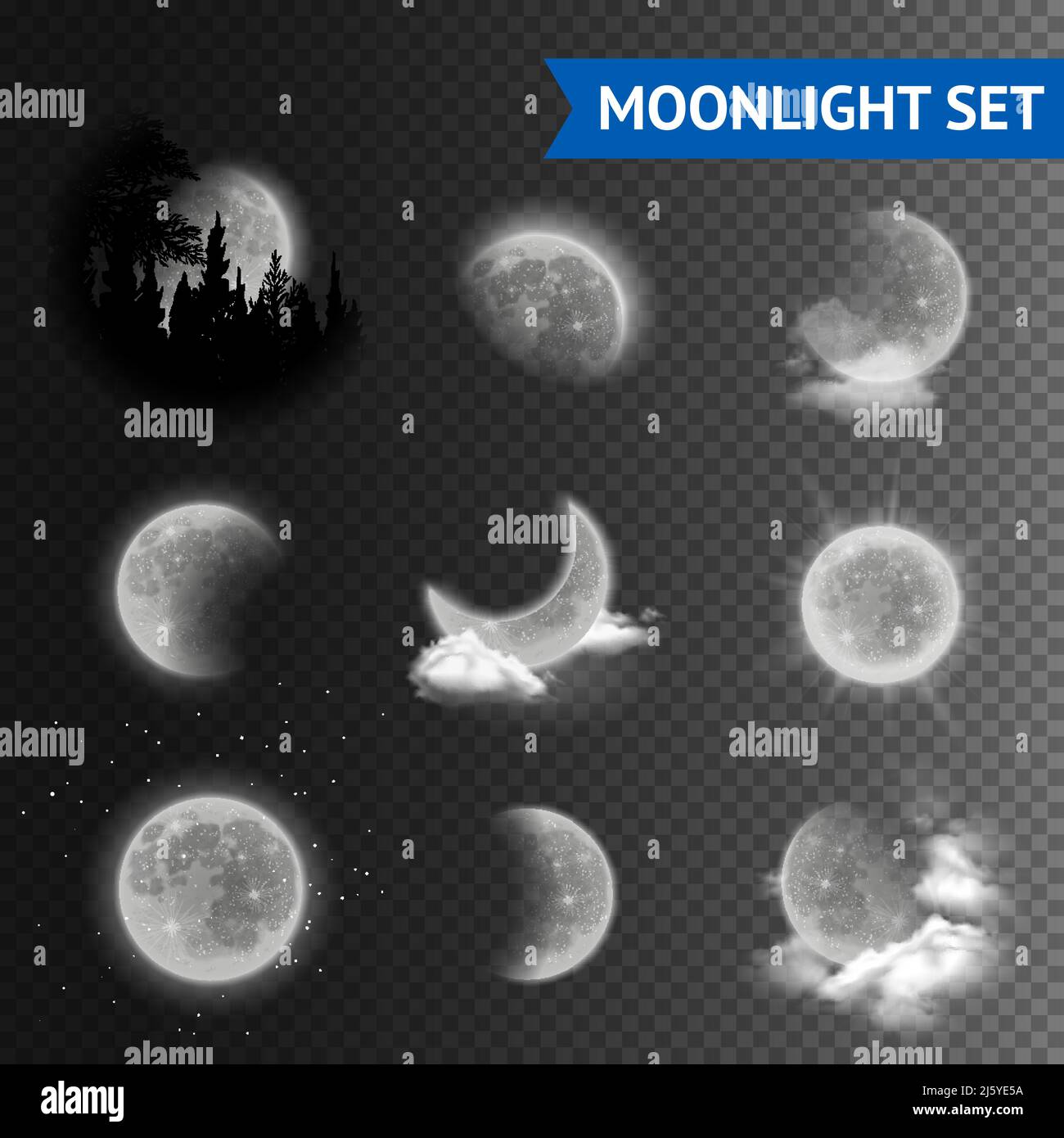 Moonlight set with moon phases with clouds on transparent background ...