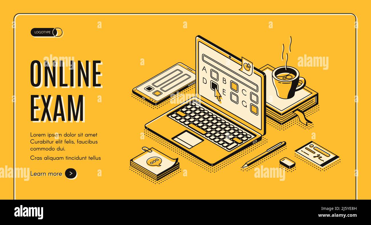 Online exam isometric web banner. Laptop with test questions on screen ...