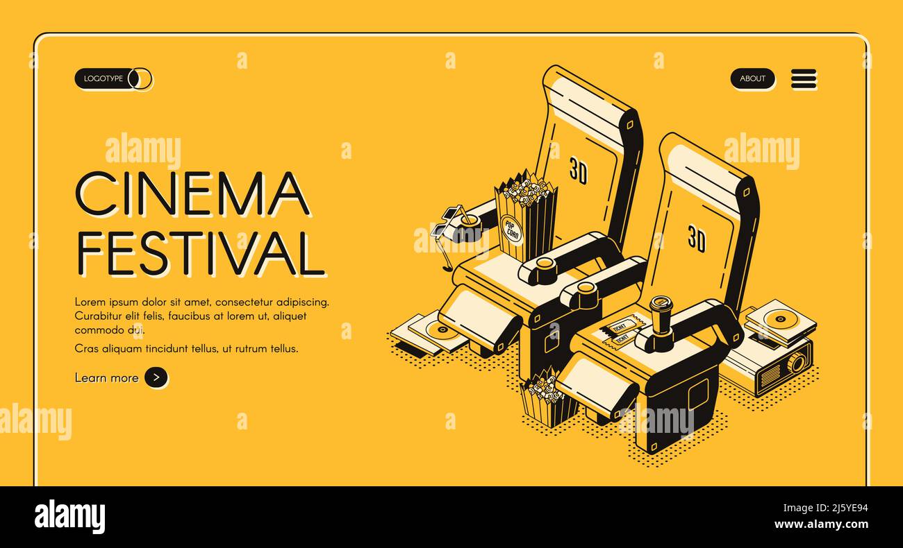 Cinema festival isometric landing page, movie attributes chairs with ...