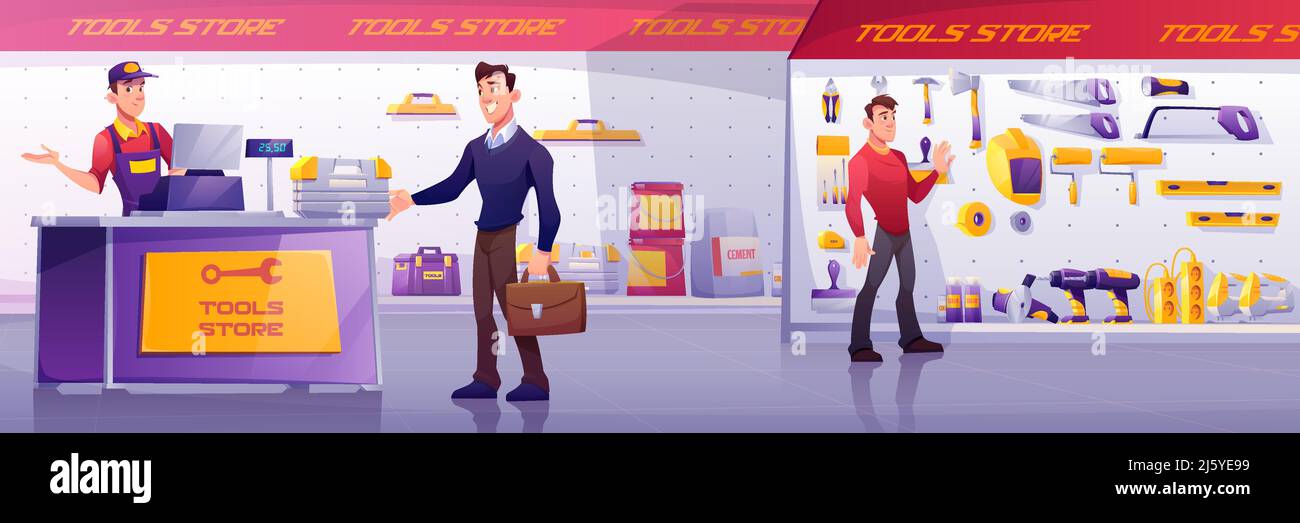 Customers and salesman in tool store. Man buy toolbox at counter ...