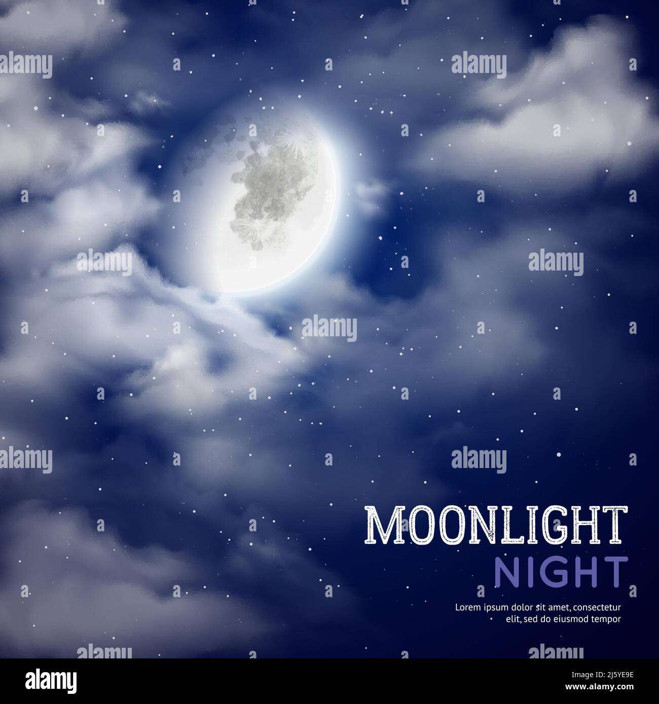 Moonlight night poster with moon and clouds on dark sky background ...