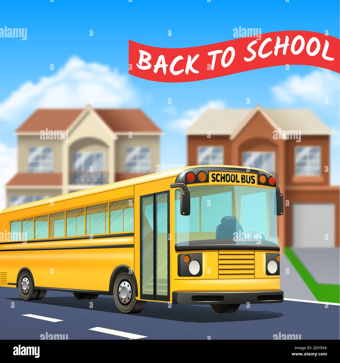 School bus on street with back to school title road and houses ...