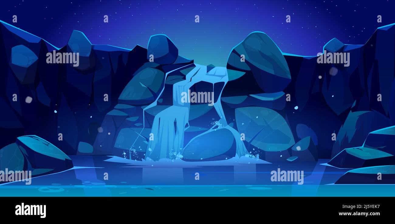 Waterfall at night cartoon illustration. River stream flowing through ...