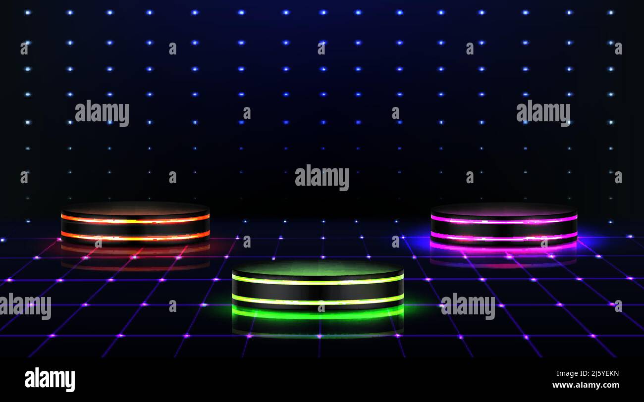 Neon podiums. Empty stages in nightclub, dance floor with three ...