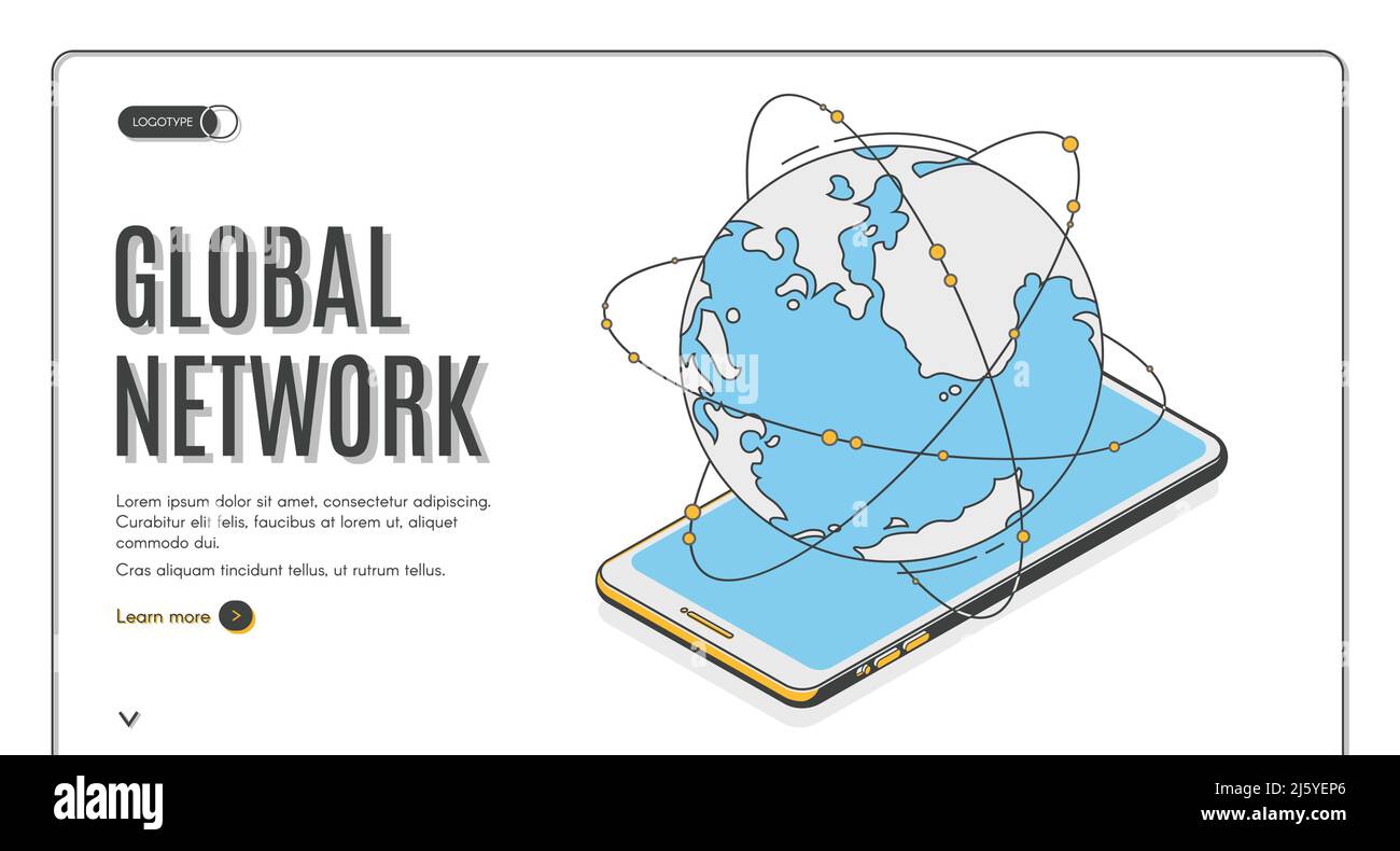 Global network isometric landing page. Earth planet lying on mobile ...