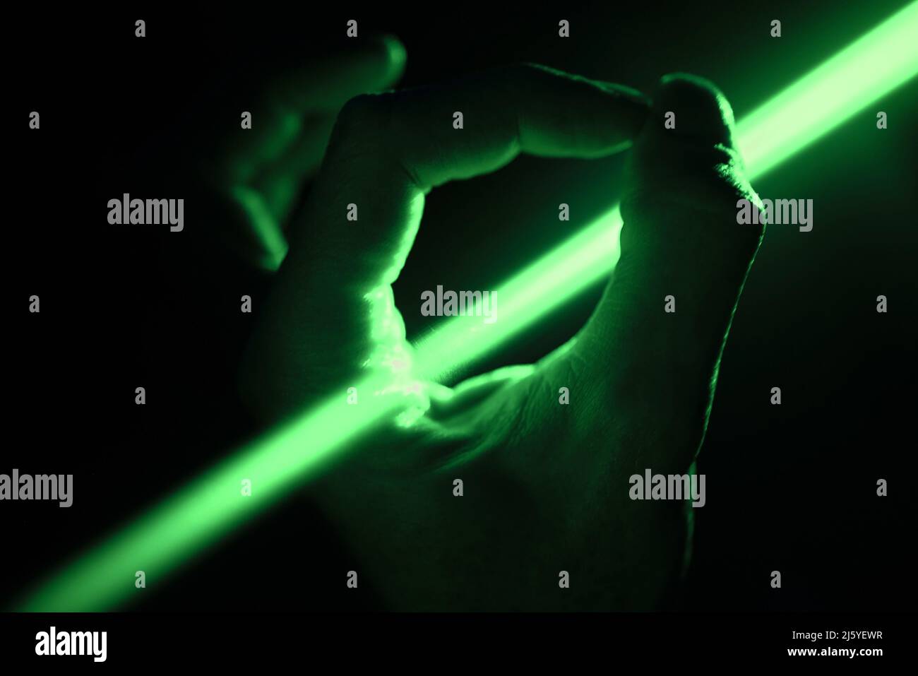 Interactive exposition in science museum or exhibition: bright laser ...