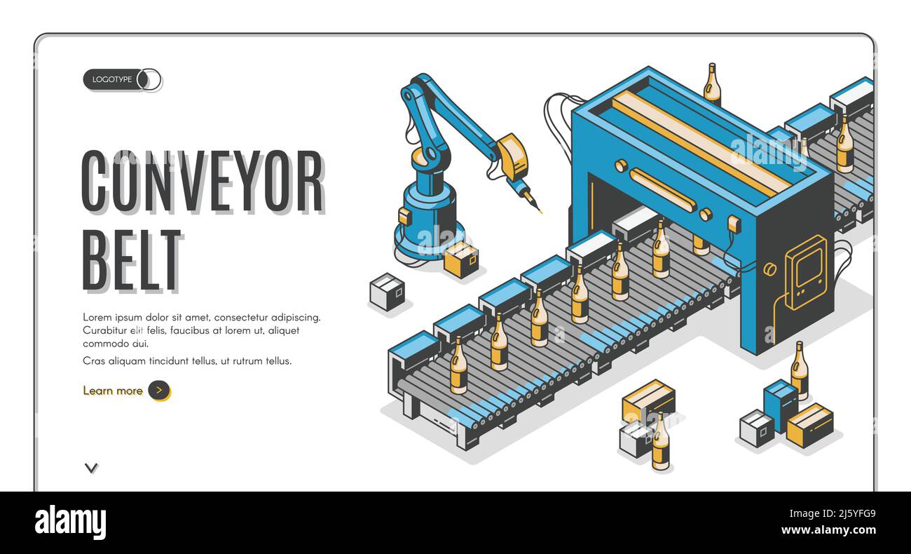 Factory conveyor belt isometric landing page. Robotic arms packing ...
