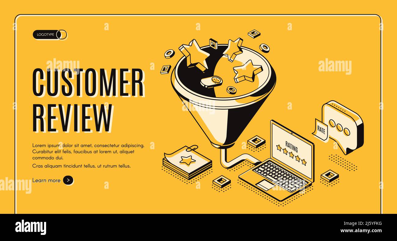 Customer review isometric landing page. Feedback and rating stars ...