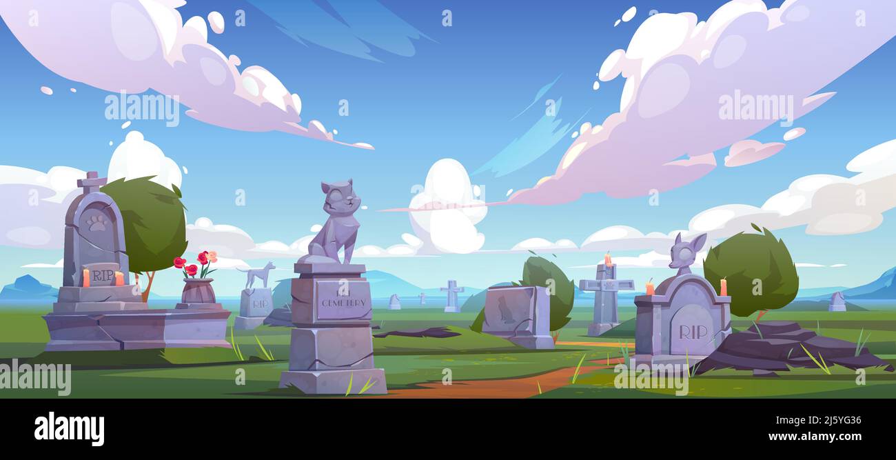 Pet cemetery, animal graveyard with tombstones, grave tombs with cat ...
