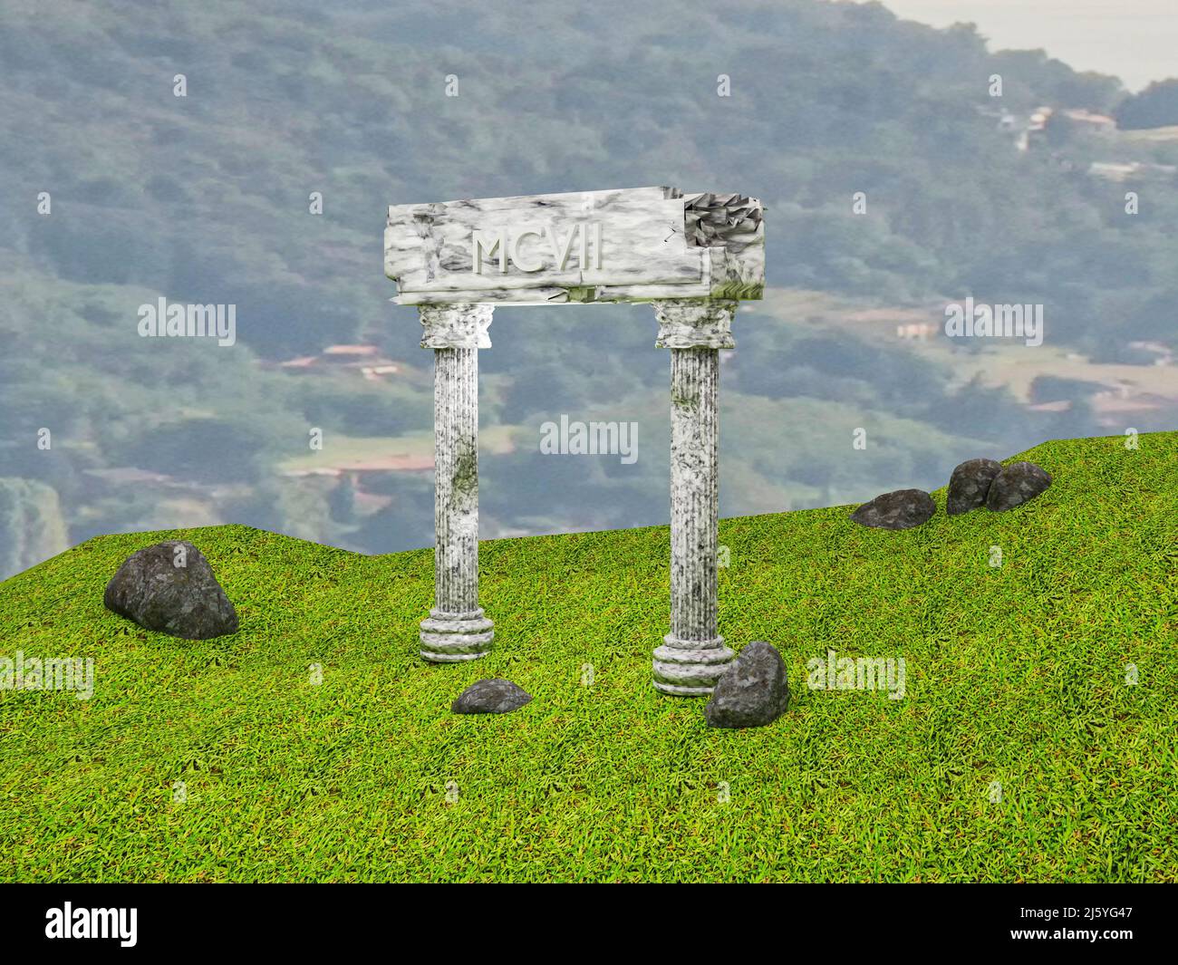 Ancient columns in ruins over field, 3d rendering Stock Photo - Alamy