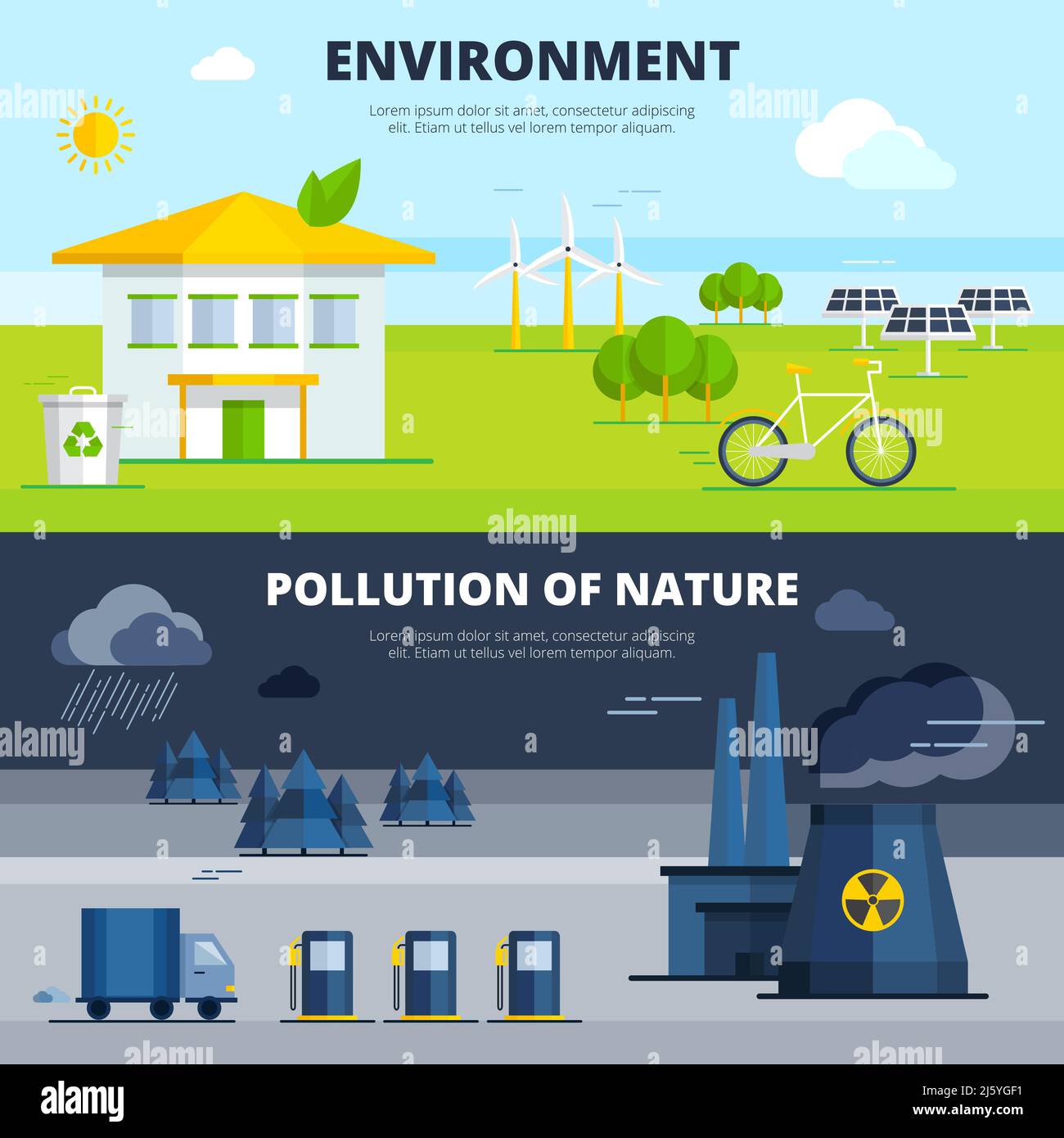 Environment and pollution of nature horizontal banners set flat ...