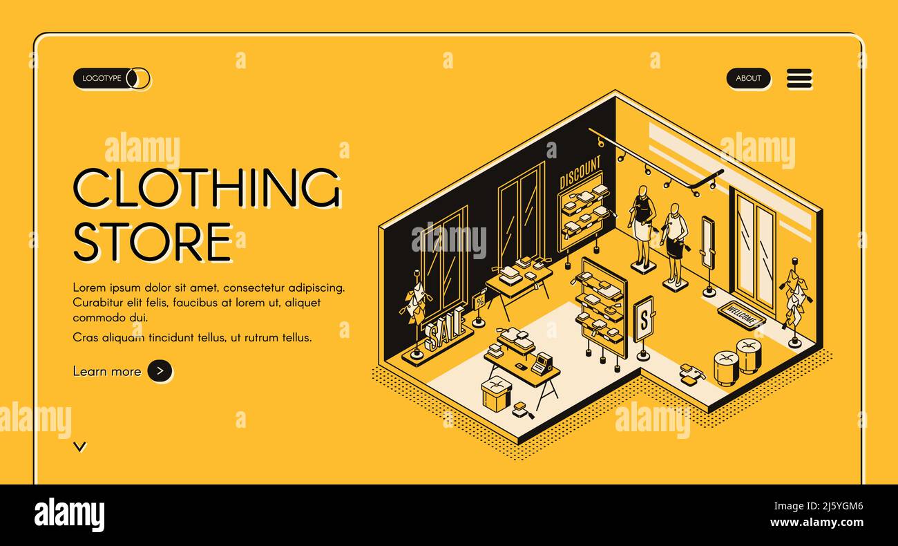 Clothing store isometric landing page. Empty shop interior with goods ...