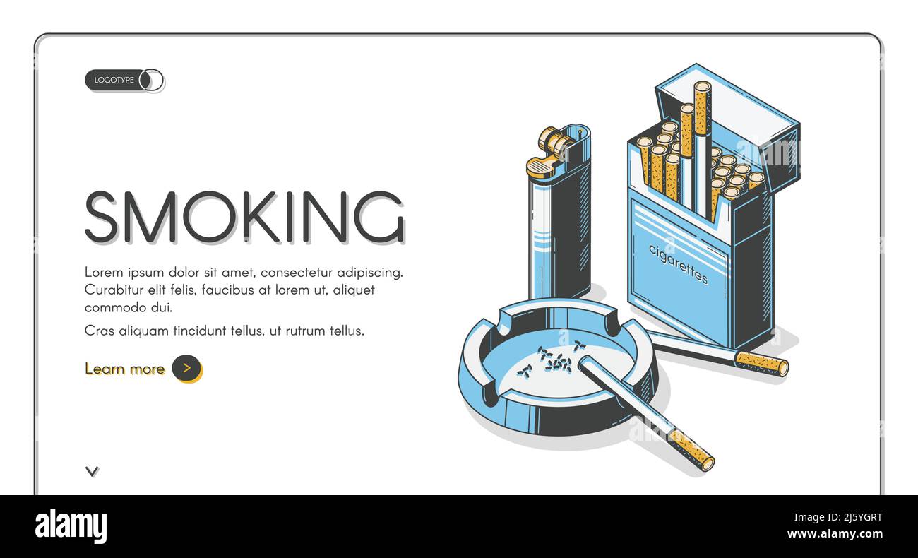 Smoking isometric landing page, cigarettes in package with ashtray and ...
