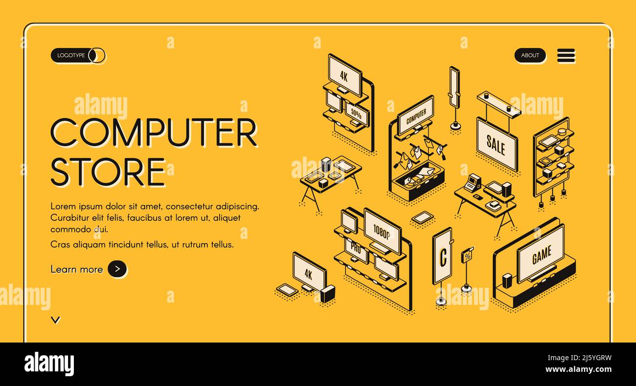 Computer store isometric landing page. Empty mall interior with ...