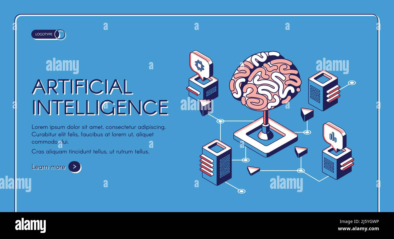 Artificial intelligence isometric landing page human brain surrounded ...