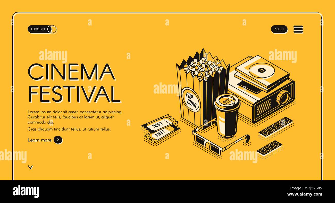 Cinema festival isometric landing page, movie time entertainment ...