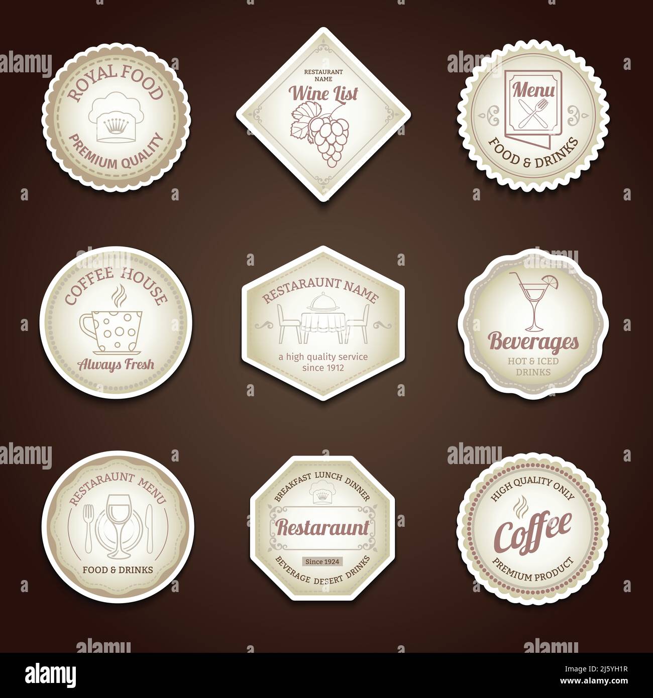 Restaurant menu labels set with cooking and dinner symbols isolated ...