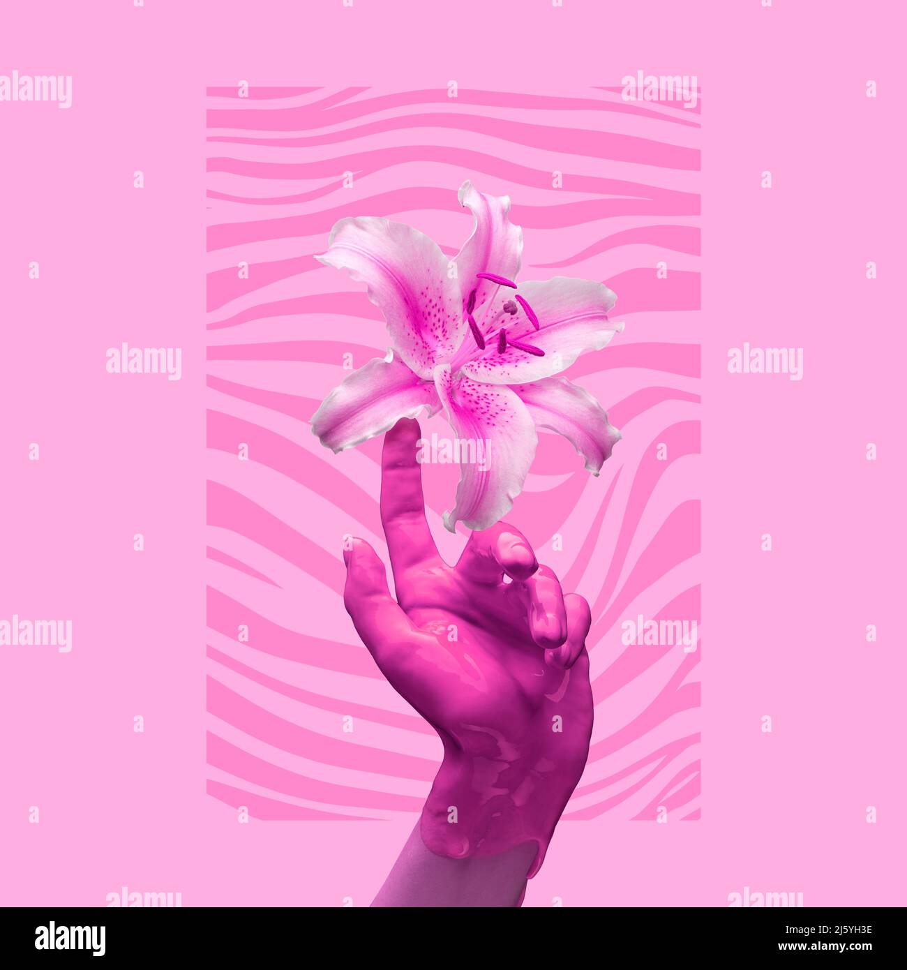 Painted hand touching lily flower. Contemporary art collage. Modern ...