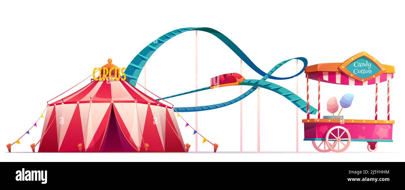 Carnival funfair with circus tent, roller coaster and candy cotton cart ...