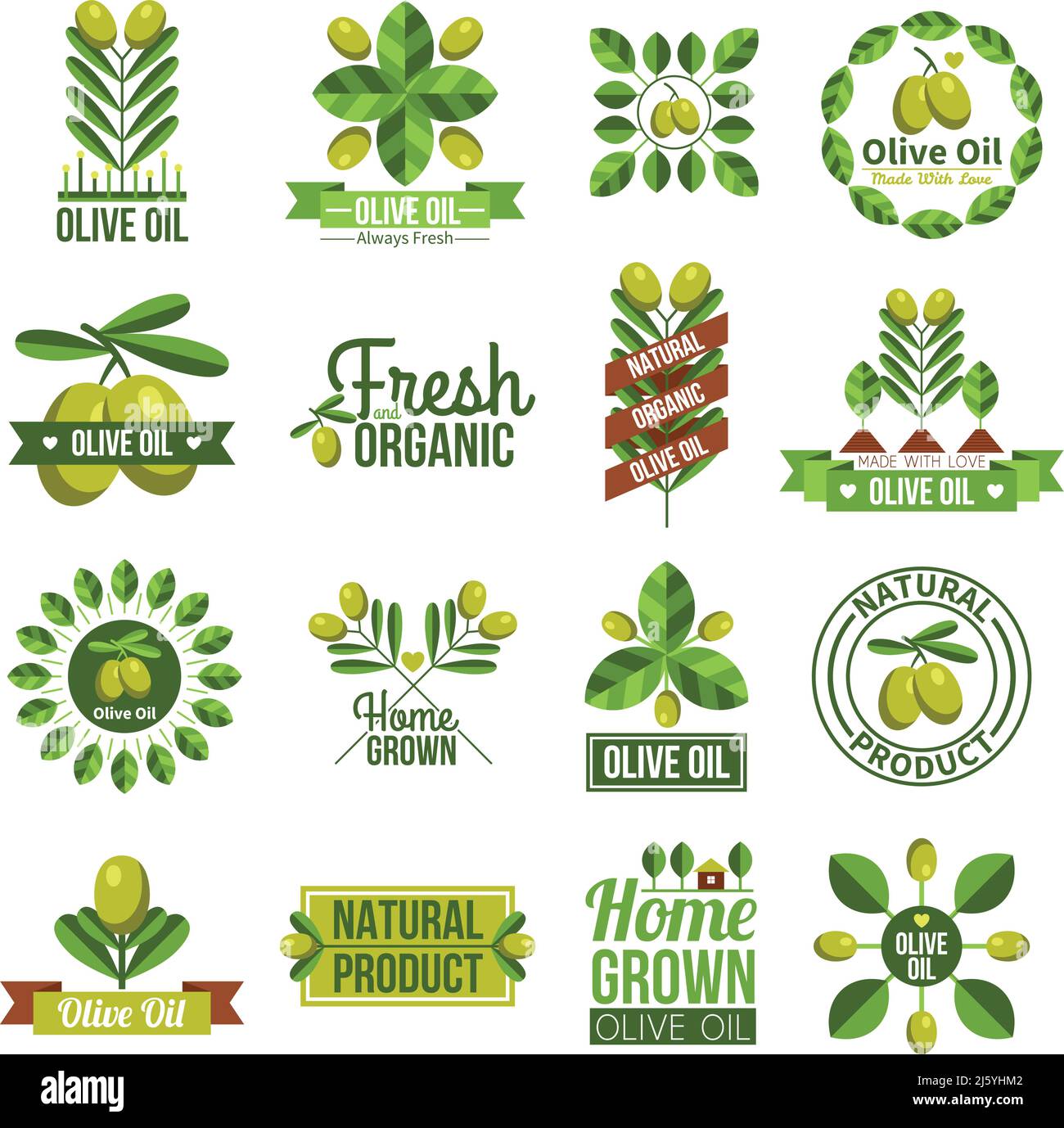 Flat label set of natural olive oil advertising with olive tree ...