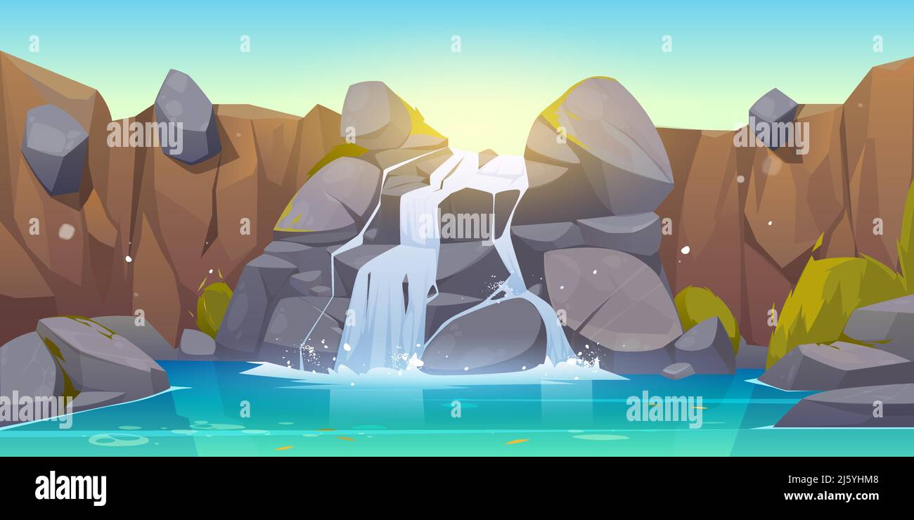 Waterfall cartoon illustration. River stream flowing throw rocks to ...