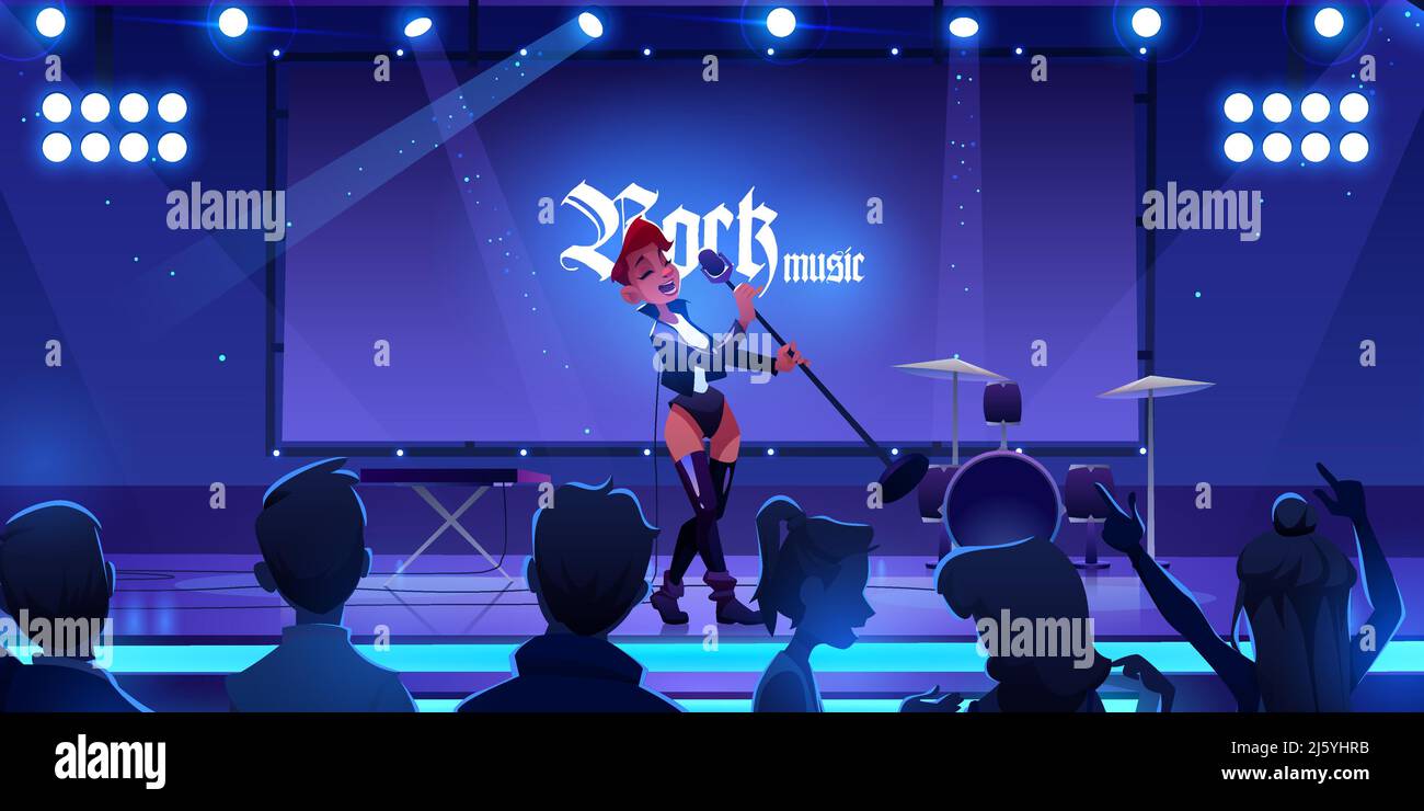 Singer on stage performing rock music concert. Woman singing song on ...