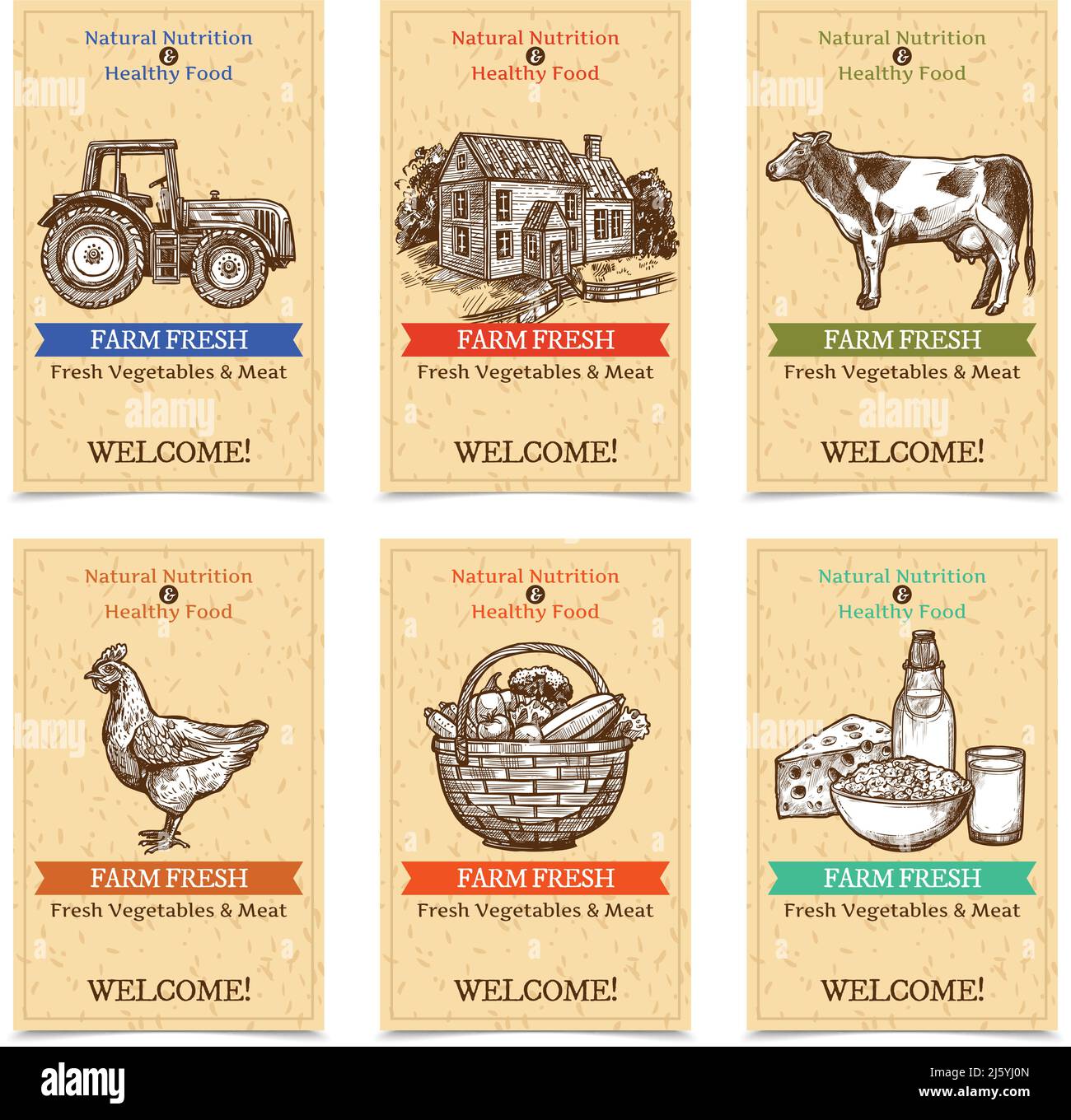 Six vertical farm tags welcome banners with healthy food farm animals ...