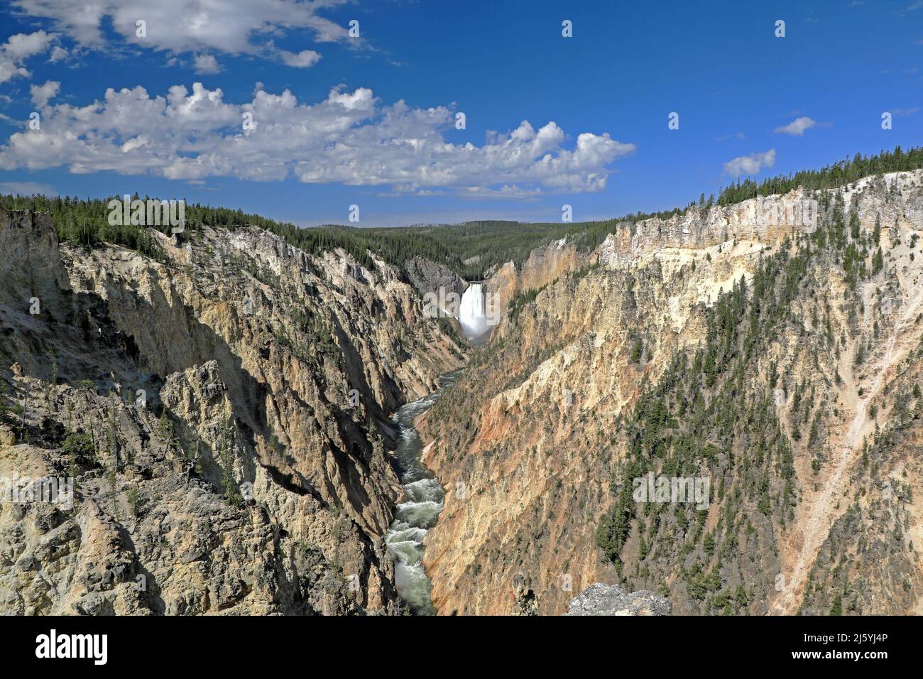 The famous and scenic Yellowstone Falls at Yellowstone National Park is ...