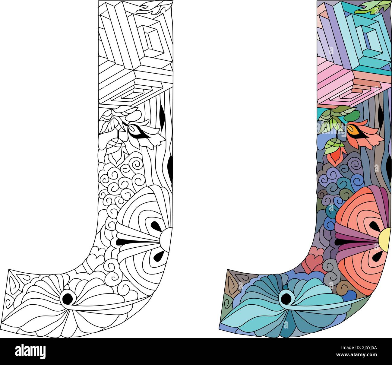 Zentangle stylized alphabet - letter J for coloring. Vector ...