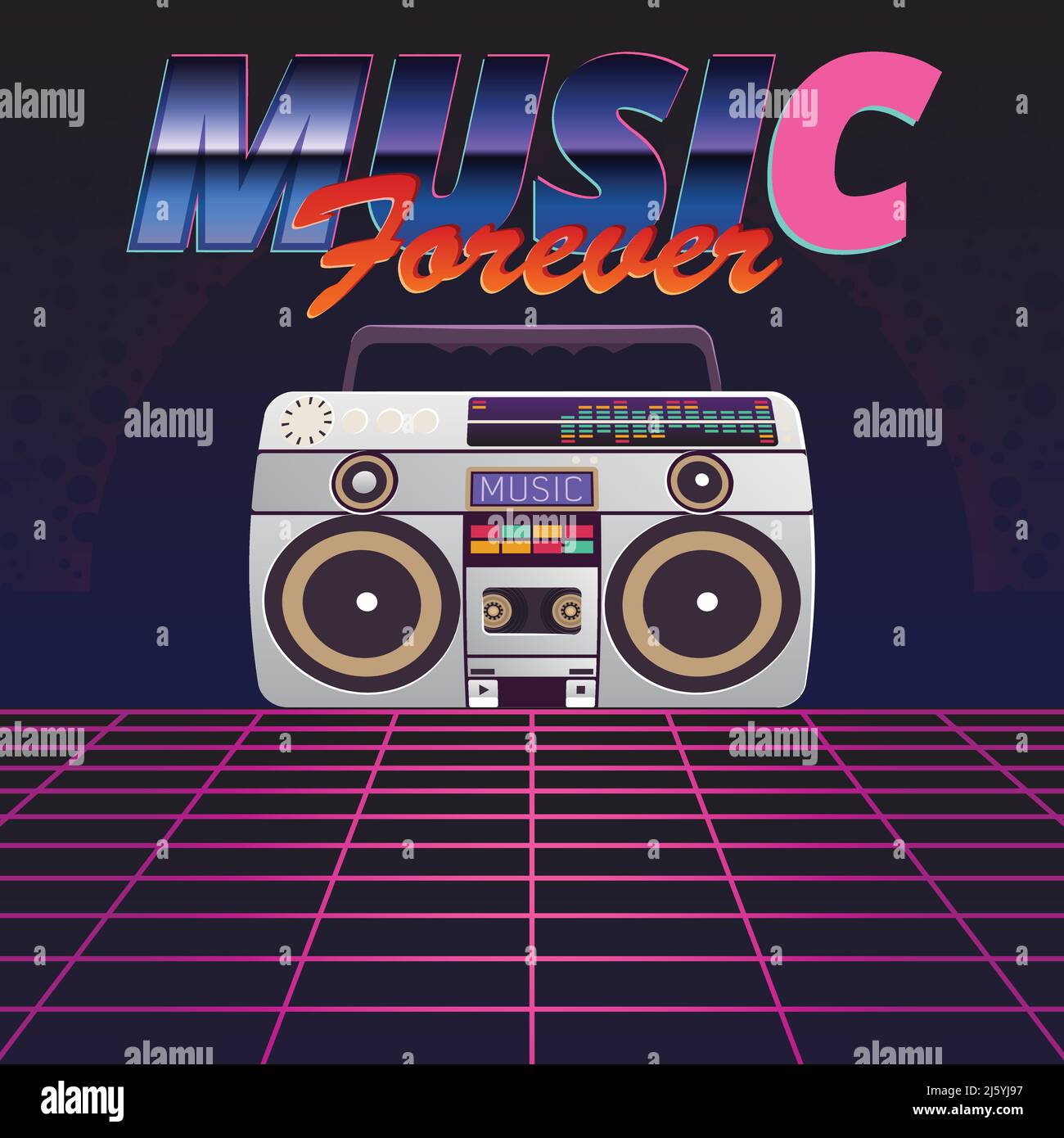 Music forever poster with retro tape recorder on glassy floor on starry ...