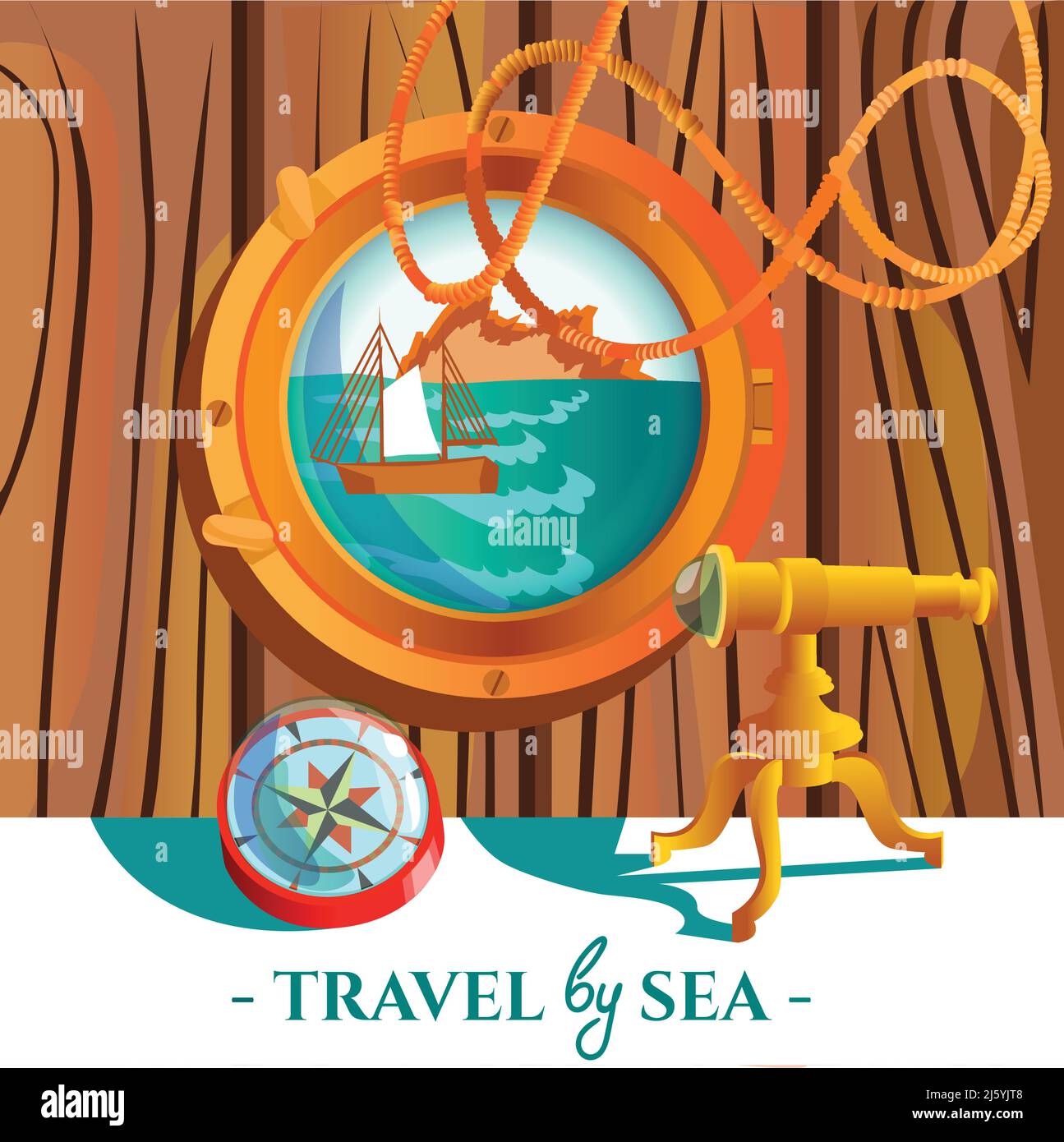 Travel by sea nautical poster of sea with rock and sailboat in porthole ...