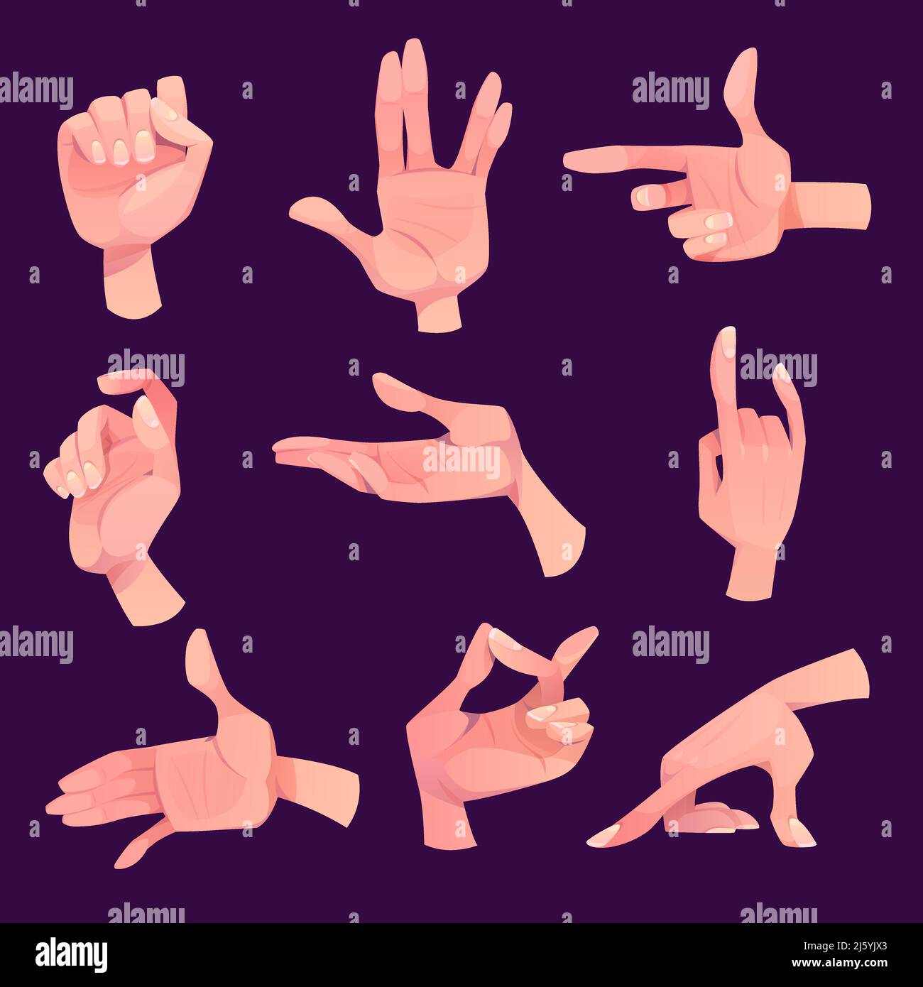 Hand gestures in different positions set isolated on purple background ...