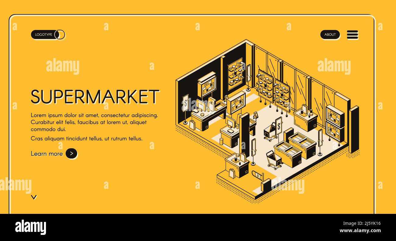 Supermarket isometric landing page. Empty store interior with ...