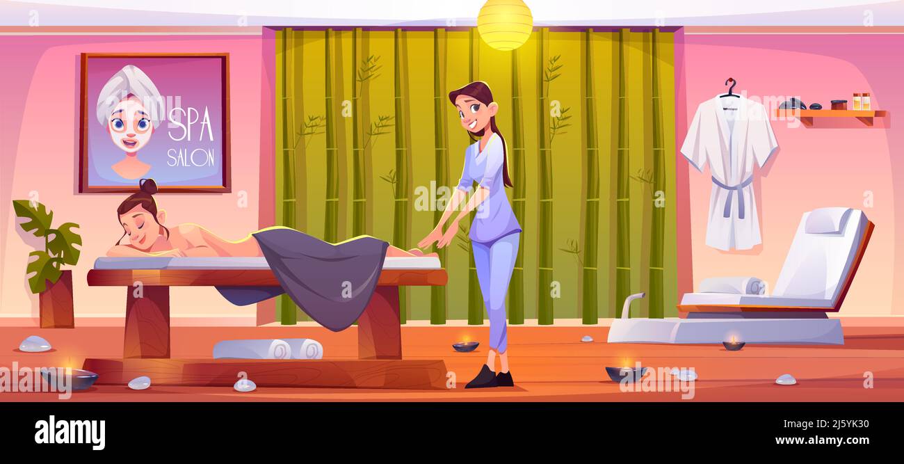 Woman In Spa Salon Girl Lying On Couch Masseur Prepare Making Massage