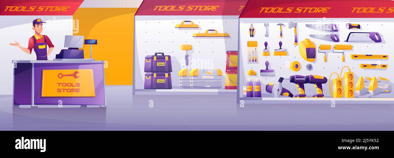 Tools store, hardware construction shop interior with salesman stand on ...
