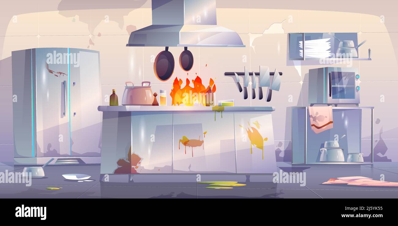 Damaged kitchen in restaurant, empty interior with fire, crashed ...