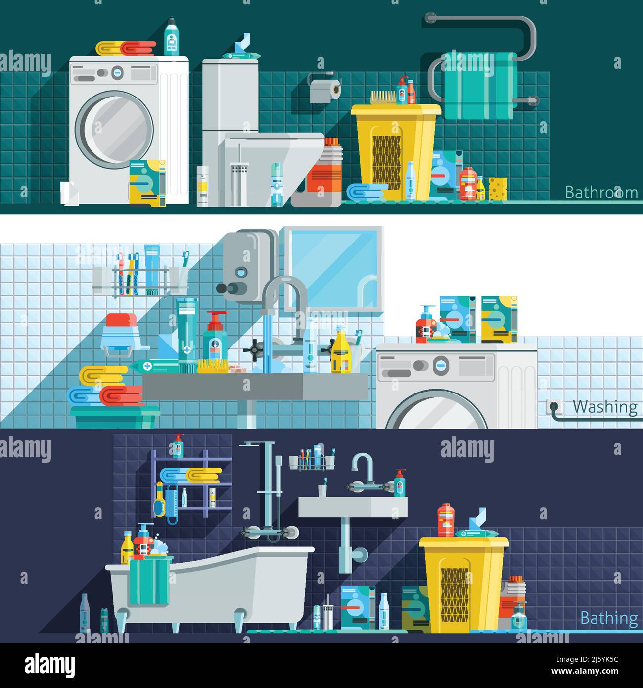 Hygiene icons flat horizontal banners with bathroom interior toiletries ...