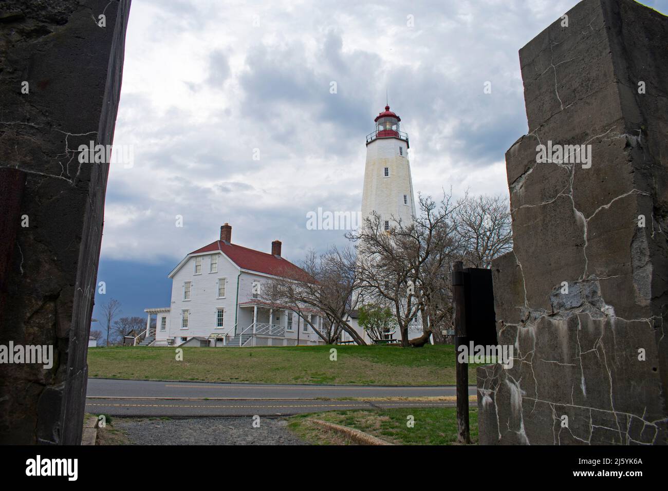 Lighthouse in Sandy Hook, New Jersey, on a cloudy day, viewed from an ...