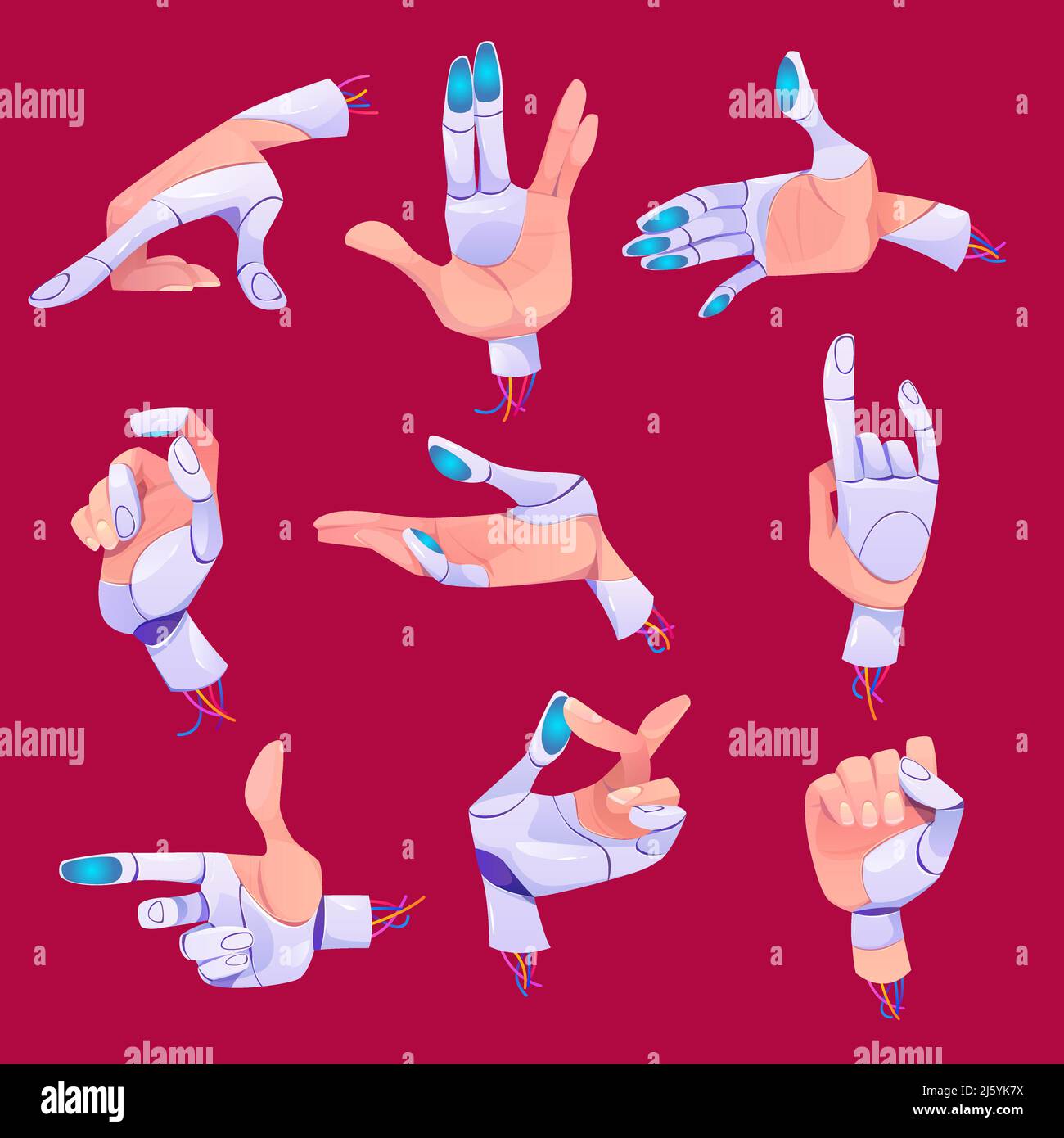 Robot hand gestures in different positions set. human palm with bionic prosthetic gesturing ...