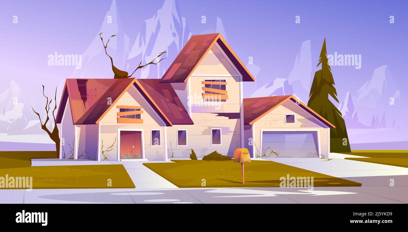 Adandoned old house with broken roof and boarded up windows. Vector ...