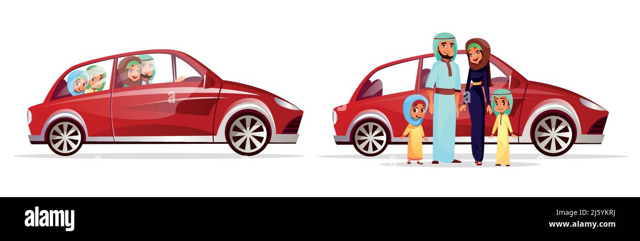 Arabian family car vector illustration. Cartoon Arab people characters ...