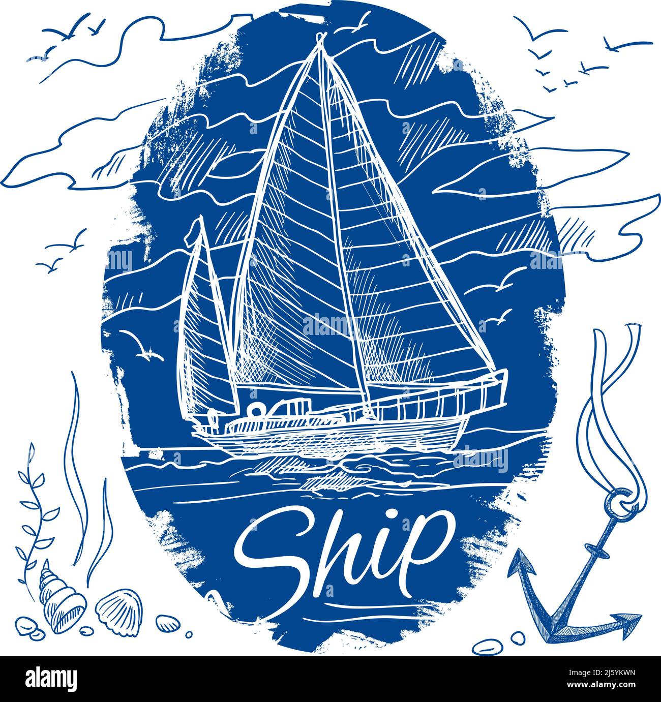 Nautical emblem with blue colored sketch sailing schooner ship and sea ...