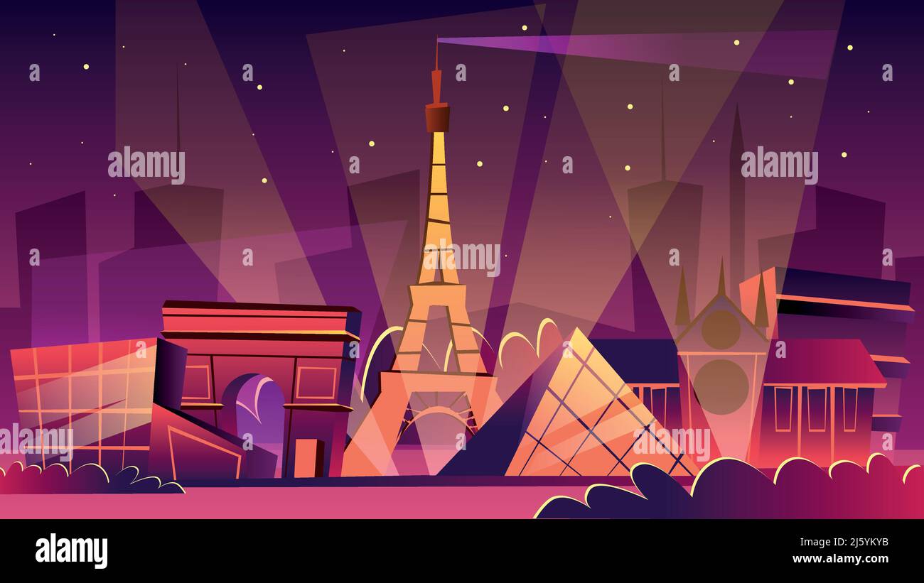Paris cityscape vector illustration. Cartoon Paris landmarks in night ...